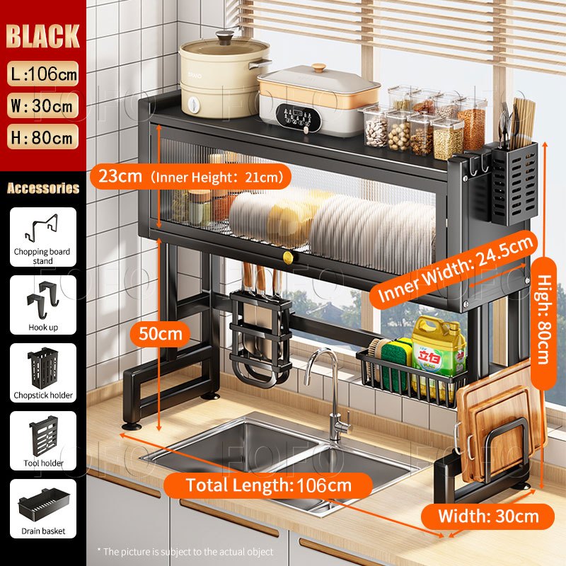 Metallic Dish Cabinet Rack Dustproof Drain Rack With Cabinet Door Multi ...