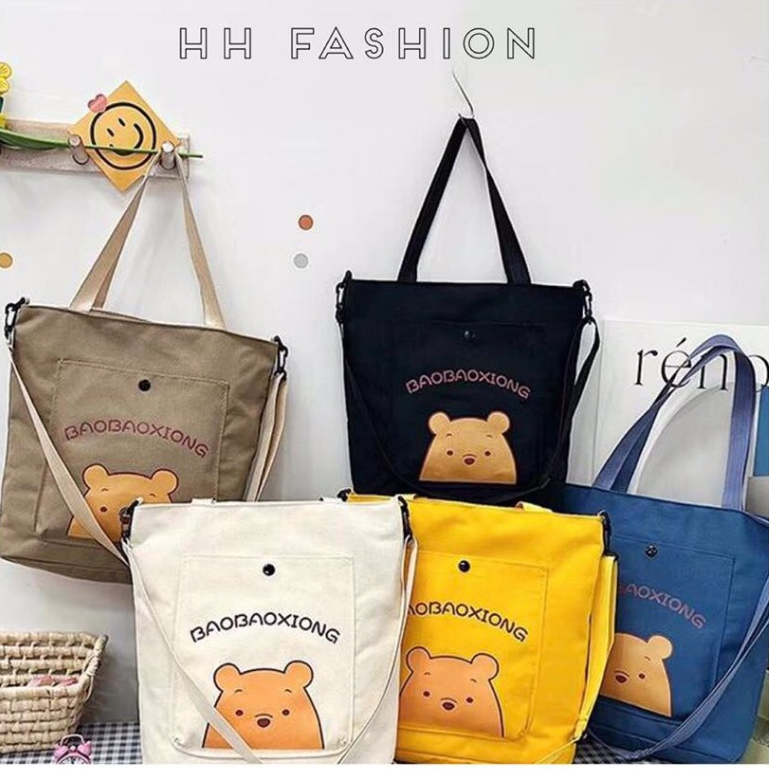 Cute Bear Cotton Canvas Tote Bags With Custom Logo Outside Pocket ...