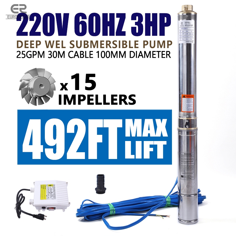 220V Deep Well Submersible Pump 3HP 4'' Case Water Pump 492ft 25GPM ...