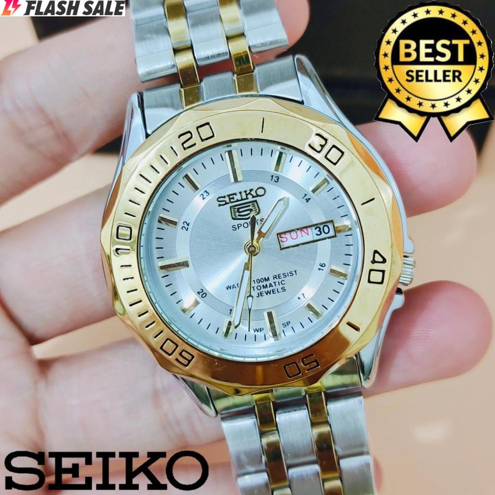 Seiko 5 Sports Automatic Hand Movement Day & Date 21 Jewels Silver Dial Men's Watch(Two-Tone ...