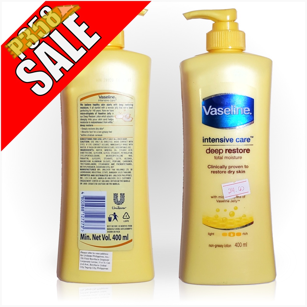 Vaseline Intensive Care Deep Restore Dry Skin Total Moisture Non-Greasy Lotion 400ml | Shopee ...