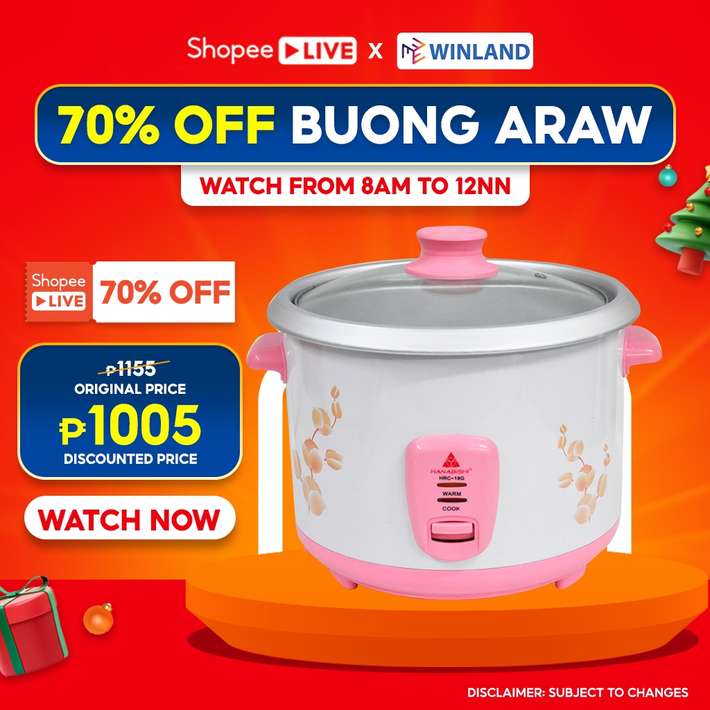 Hanabishi by Winland Rice Cooker 1.8L serves 10 cups Glass Cover HRC18G ...