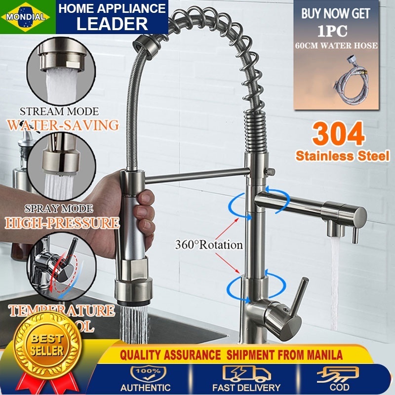 304 Stainless Steel Pull Out 2 in 1 360° Rotate Kitchen Faucet Kitchen ...
