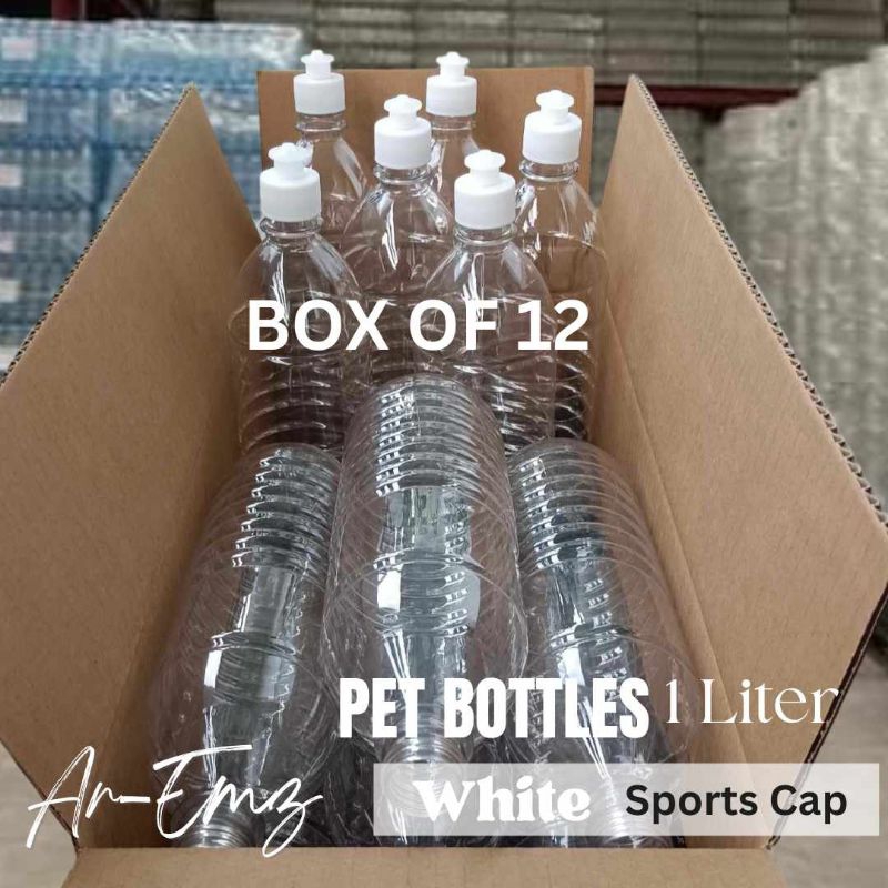 Ar-Emz Box of 12 Empty Plastic Bottles 1 Liter With White Sports Caps ...