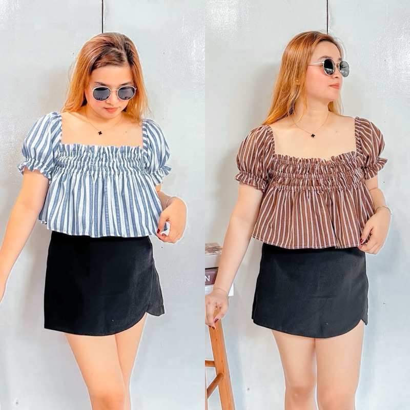 Kristina Puff Sleeve Garter Peplum Stripe Crop Top | Shopee Philippines