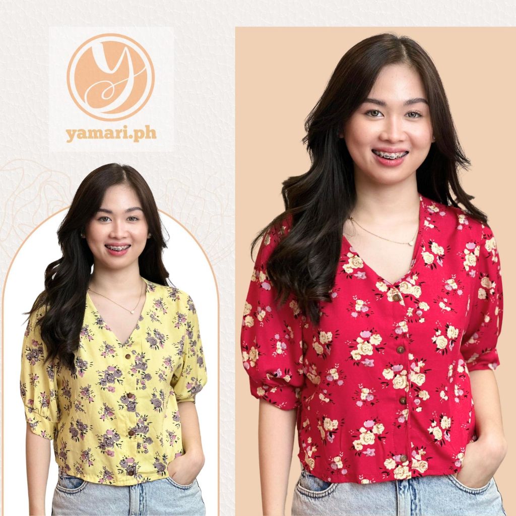 Yamari.PH Giana floral 3/4 sleeves button down top | Shopee Philippines