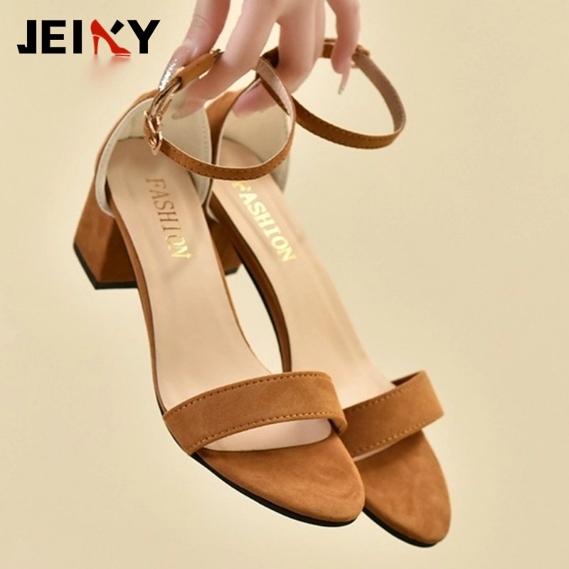 JEIKY Ladies BROWN Suede 2.5CM Block Heels Chunky Sandals#SS06 ...