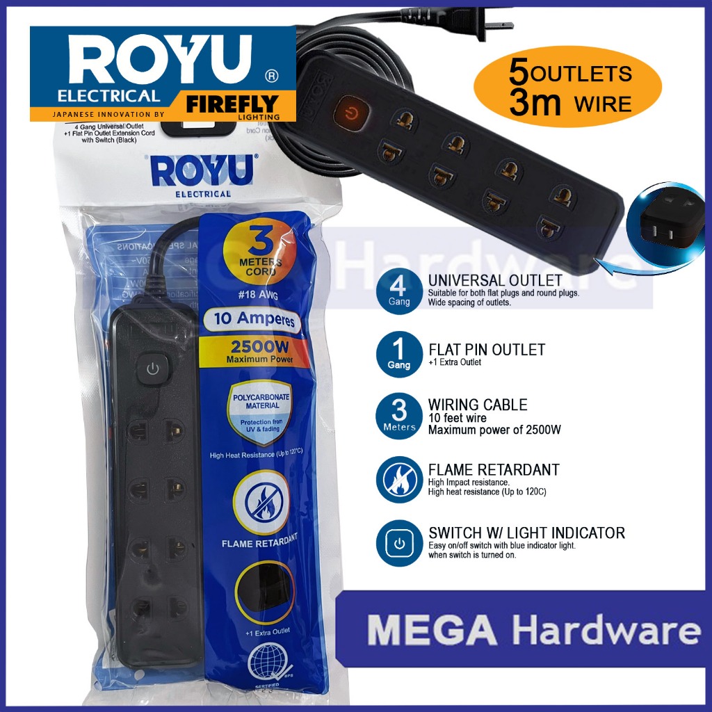 ROYU Extension Cord MAIN SWITCH PUSH BUTTON 4 gang 3m 6m 9m | Shopee ...