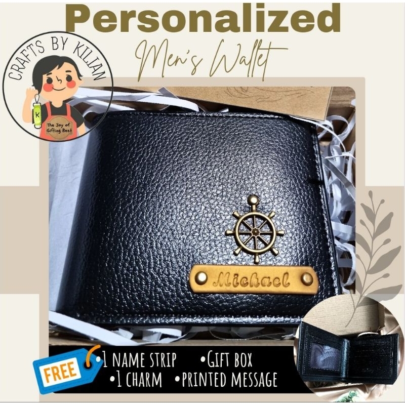 Personalized Men's Leather wallet BLACK (with name strip and charm) FOR ...