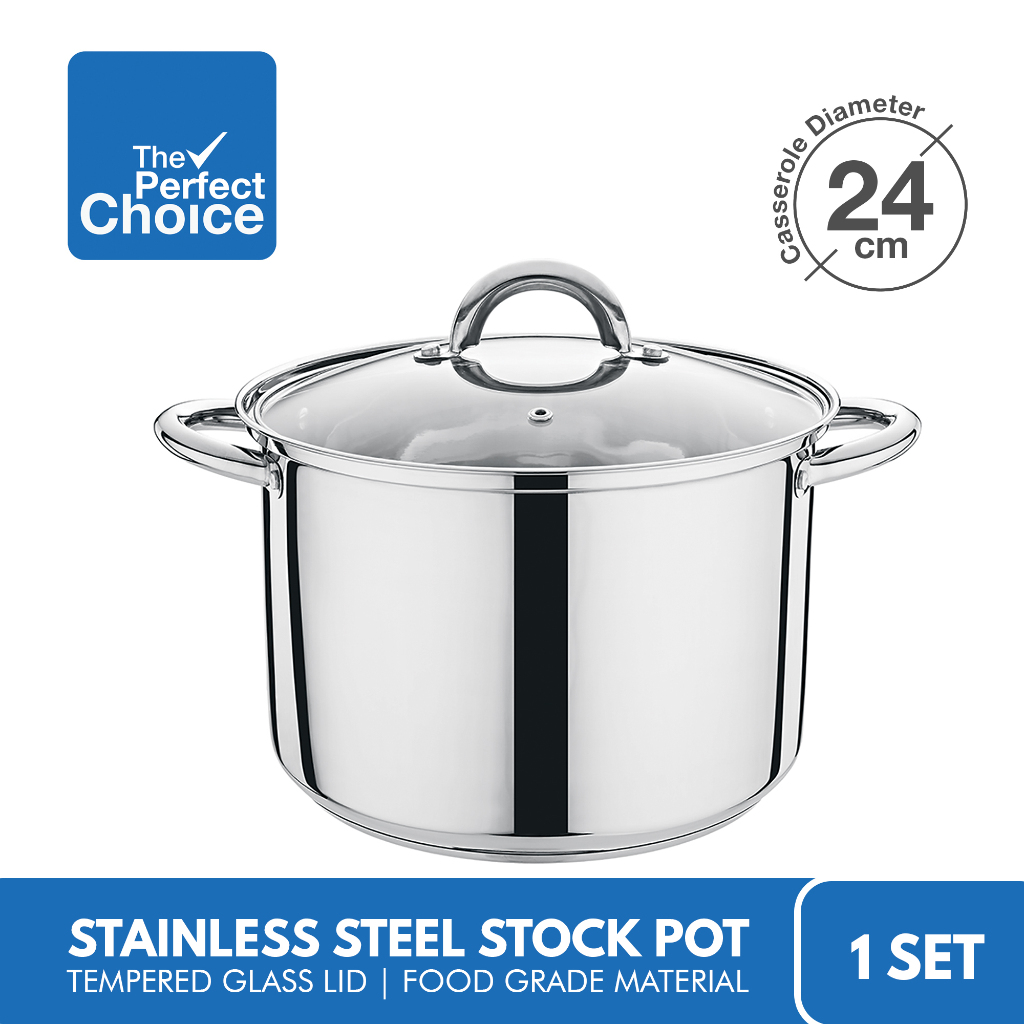 The Perfect Choice Stainless Steel Stock Pot 24cm | Tempered Glass Lid ...