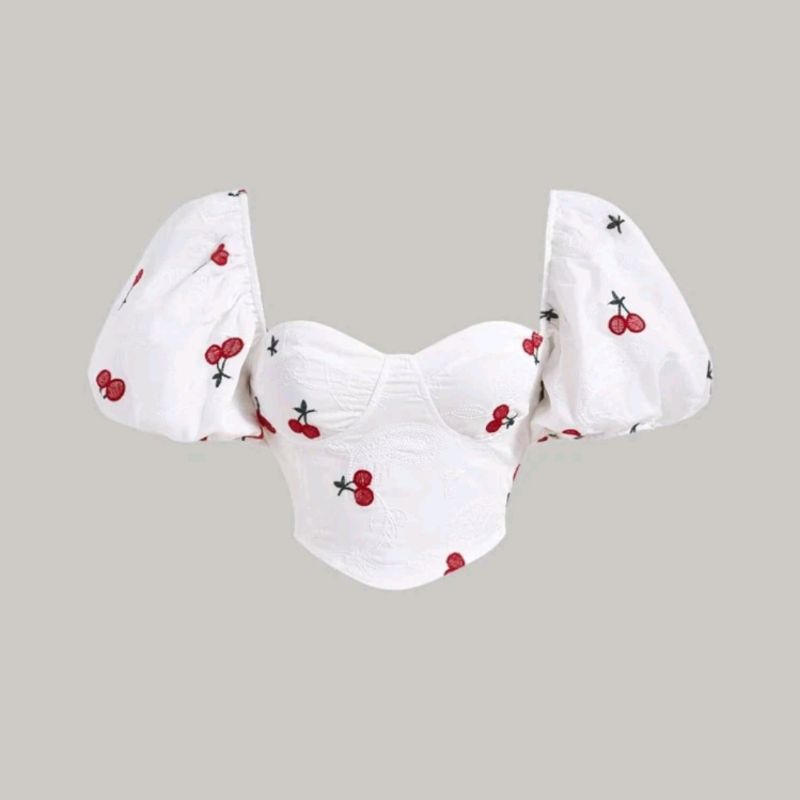 Red Cherry Print On White Sweetheart Neck Puff Sleeve Bustier Bandana