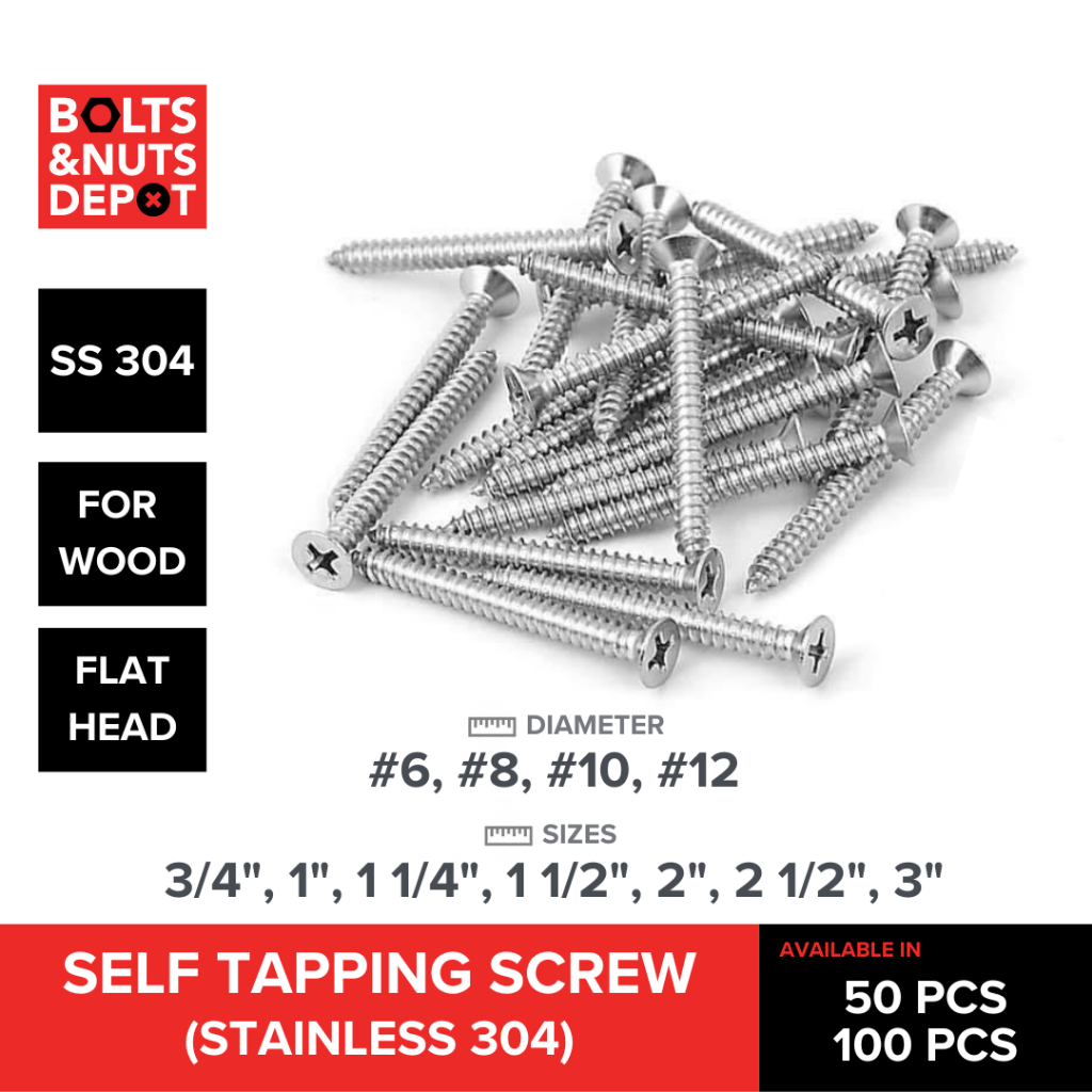 SELF TAPPING SCREW STAINLESS 304 FLAT HEAD #6, #8, #10, #12 - PER 50/ ...