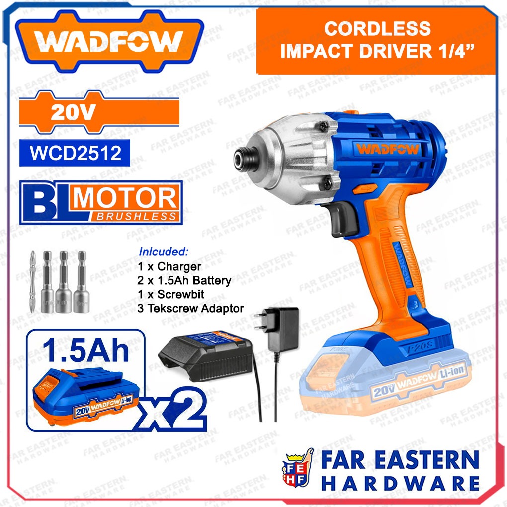 WADFOW Cordless Brushless Impact Driver 1/4" 20V w/ Battery, Charger ...