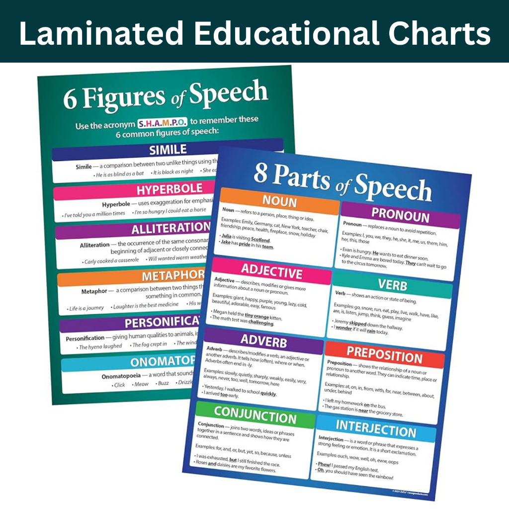 8 Figures of Speech, Parts of Speech, Laminated Charts for Kids and ...