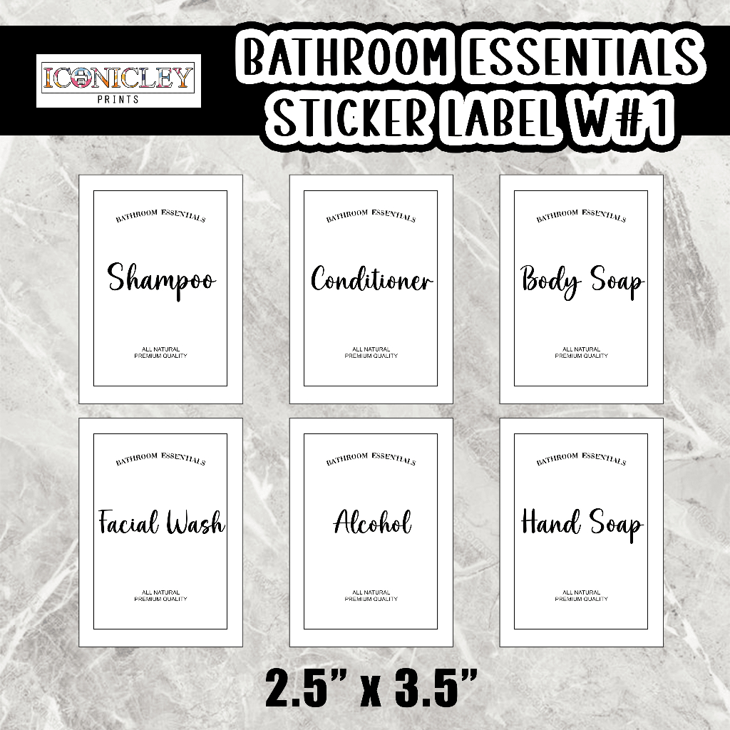 BATHROOM LABEL ESSENTIALS - WHITE#1 [2.5” x 3.5”] Waterproof Vinyl ...