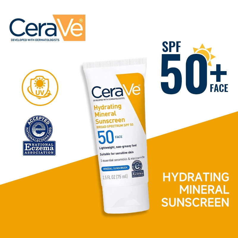 Cerave Hydrating Mineral Sunscreen Broad Spectrum Spf50 Face Sunblock ...