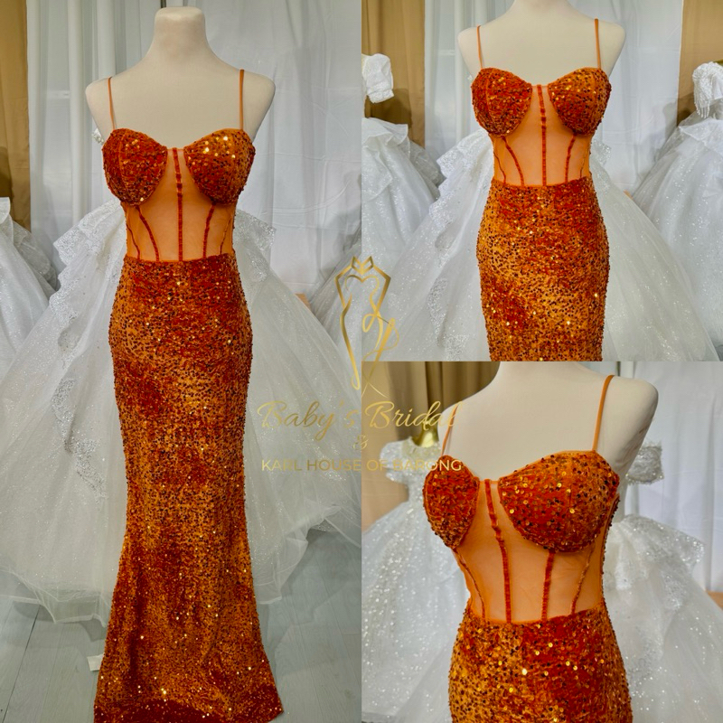 Orange Luxury Sequence Long Gown/ Evening Gown | Shopee Philippines
