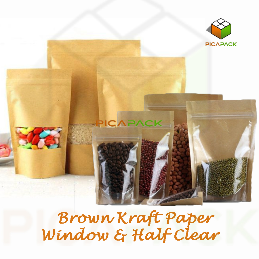 50pcs Brown Kraft Paper Window & half clear brown Resealable Stand Up ...