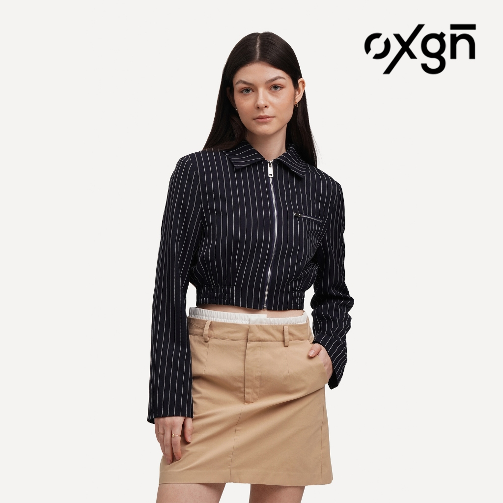 OXGN Pinstriped Cropped Trucker Jacket For Women (Navy Blue) | Shopee ...