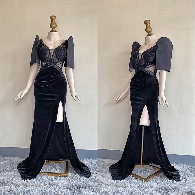 modern black filipiniana long gown with slit | Shopee Philippines