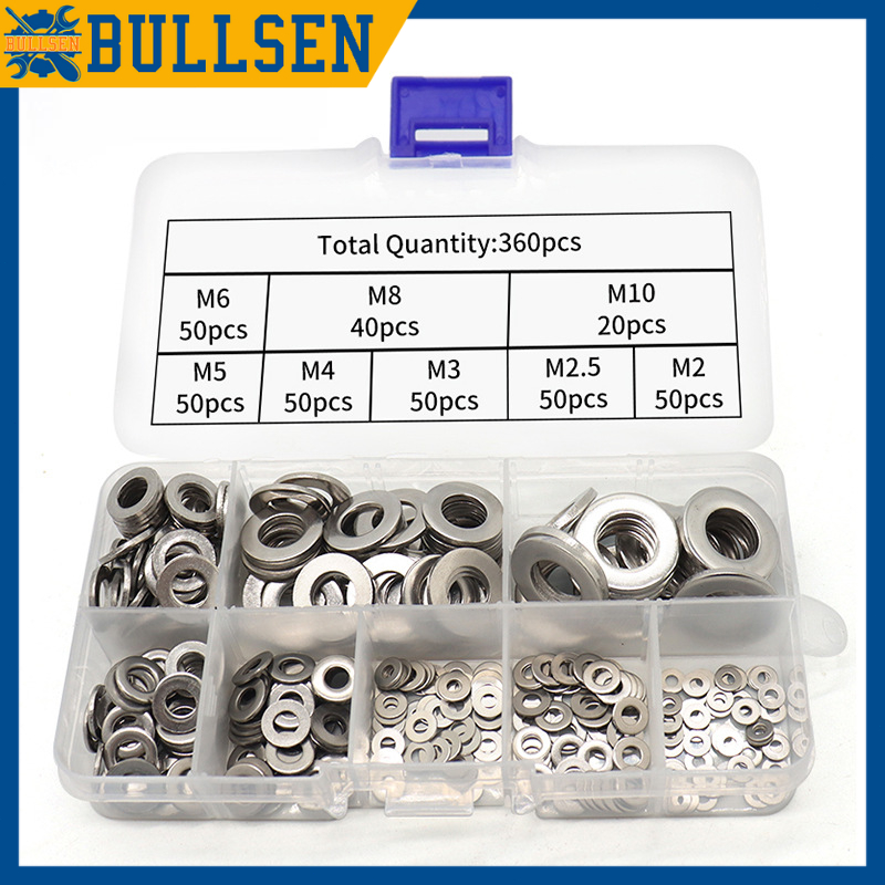 360pcs M2-M10 304 Stainless Steel Flat Washer Plain Washer Flat 304 ...