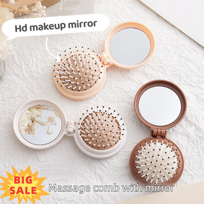 Massage Comb with Mirror Foldable Portable Mini Makeup Mirror Round for ...