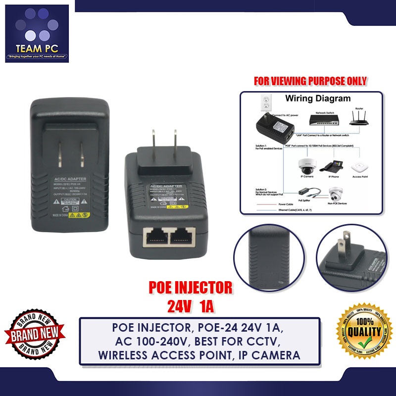 POE INJECTOR, POE-24 24V 1A, AC 100-240V, BEST FOR CCTV, WIRELESS ...