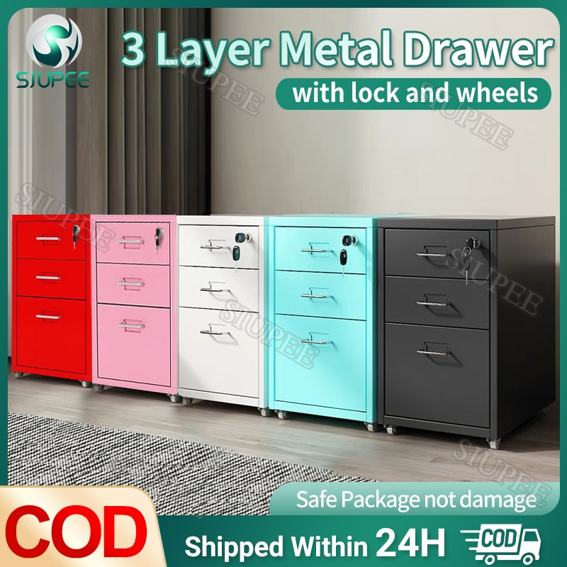 【Full Metal 】Lockable 3 Layer Metal Cabinet Mobile Pedestal Drawer With ...