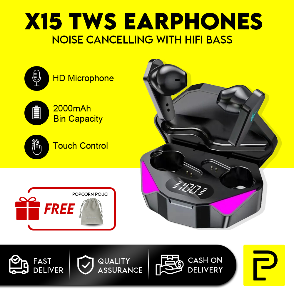Popcorn X15 TWS Wireless Bluetooth Earphones for Gaming Headset Noise Cancelling Hifi Bass with ...