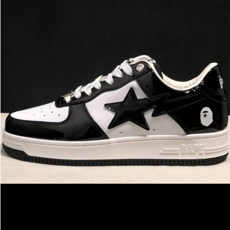 Fashion Bape Star Shoes Ape Man Head Black White Glossy Low Cut Sneaker ...