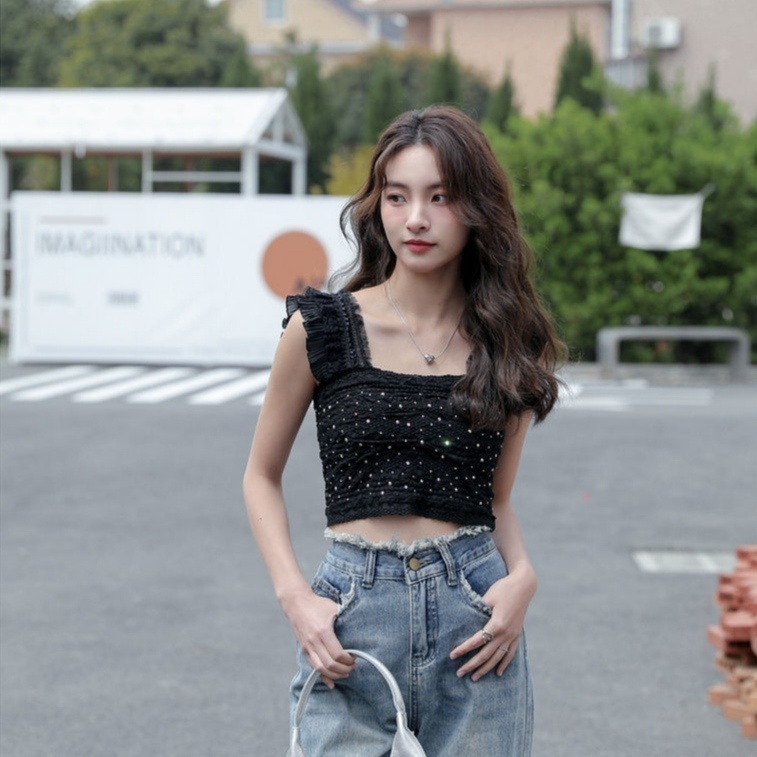 MICA TIU Women Crop Top Rhinestone Lace Camisole Women Sexy Sleeveless ...