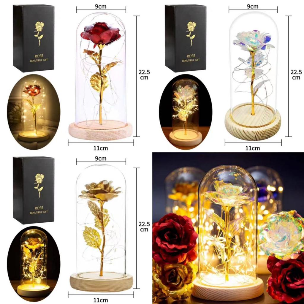 RJparty Eternal Rose with Led Light in Glass Dome on Wooden Galaxy Rose ...