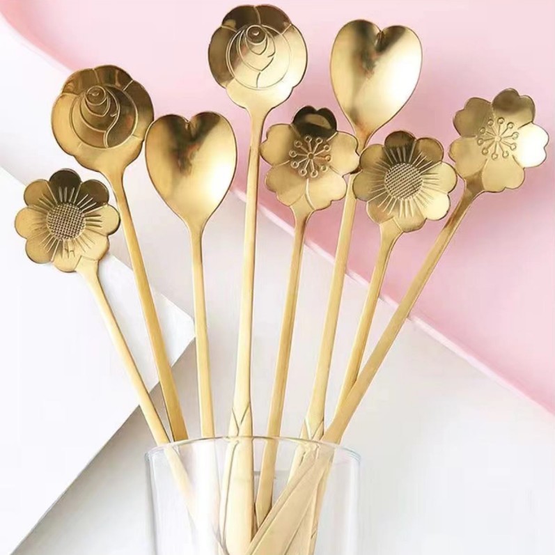 1PC 12.5cm/17.5cm Stainless steel rose spoon gold long handle coffee ...