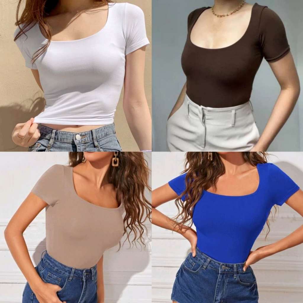 Women‘s Double Lining Basic Top Tee Scoop Neck Full Length Body Hugging ...