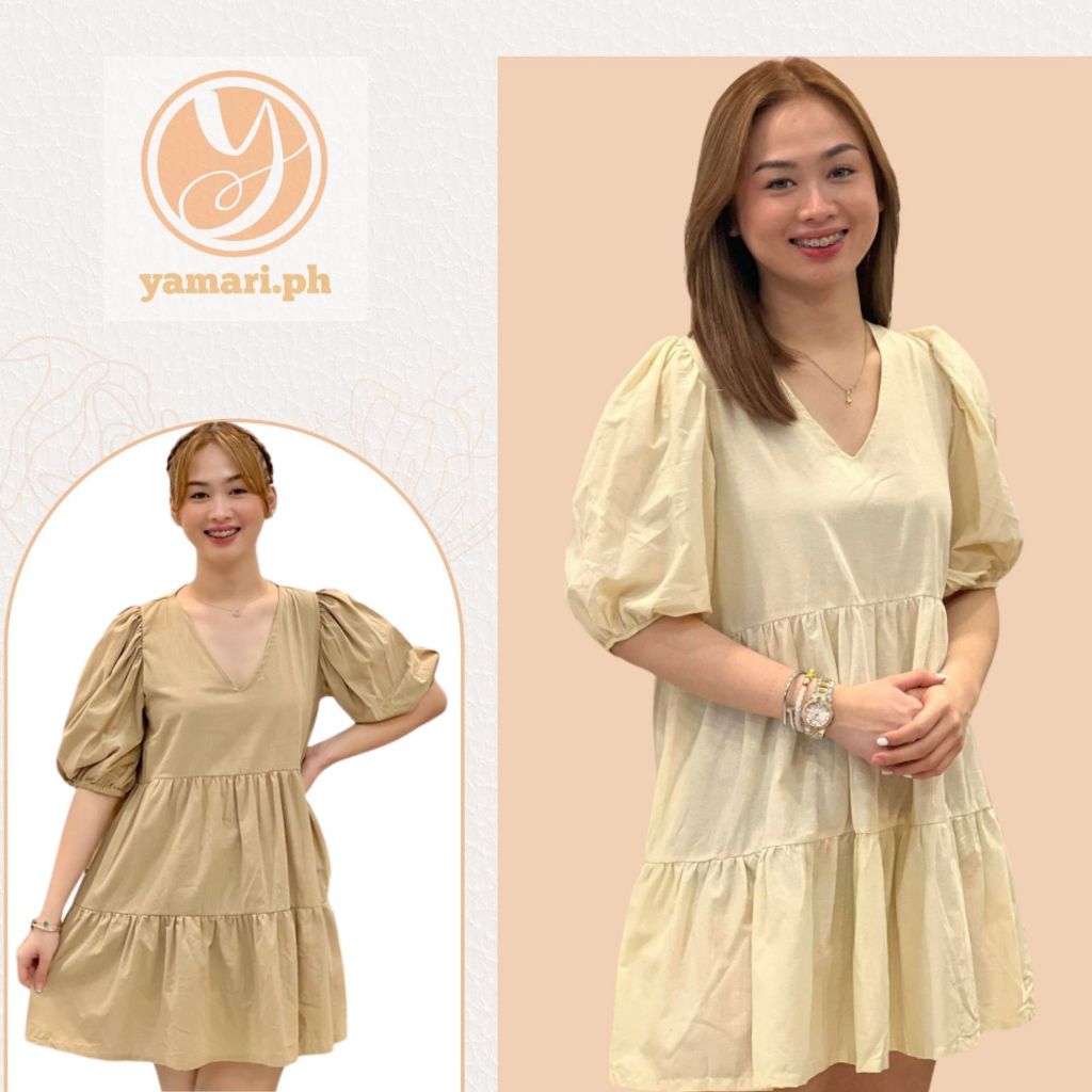 Yamari.PH Basic Casual V-neck Puffsleeves Tiered Mini Linen Dress | MELISSA D. | Shopee Philippines