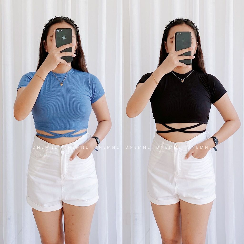 DNEMNLPH Mila Crisscross String Tie Ribbed Cropped Top - Trendy Korean ...