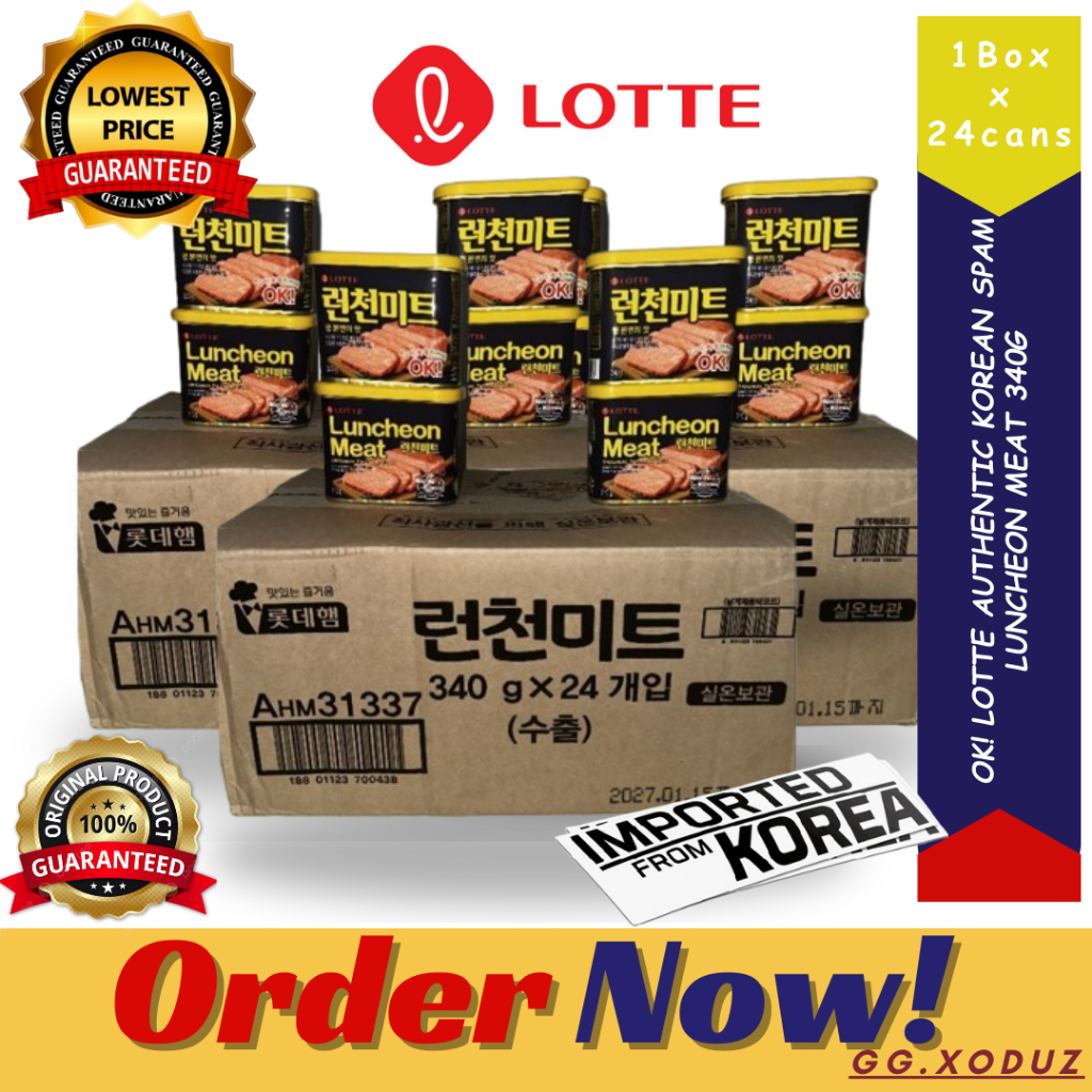 1 BOX 24 Cans FULL PROTECTION OK! Lotte (Plain or Spicy) Korean Luncheon Meat 340g - 2027 Expiry ...