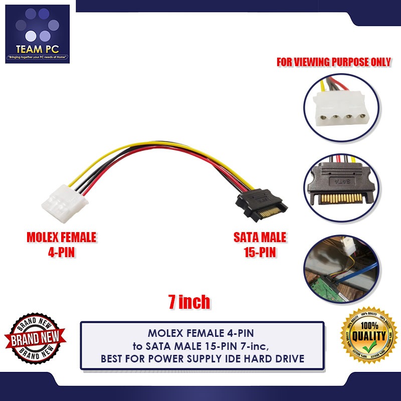 TEAM PC MOLEX FEMALE 4-PIN to SATA MALE 15-PIN 7-inc, BEST FOR POWER ...