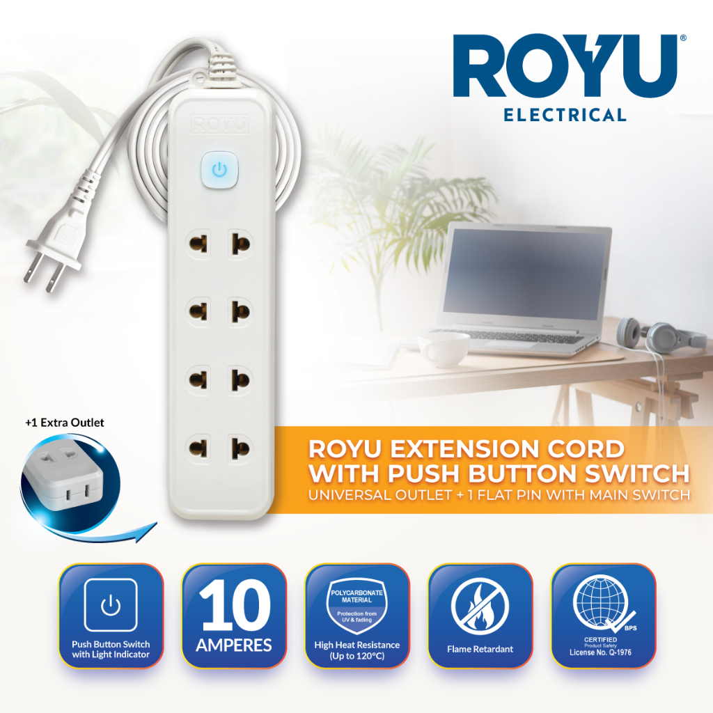 ROYU 4+1 GANG Extension Cord with Push Button Switch (6M Extension ...