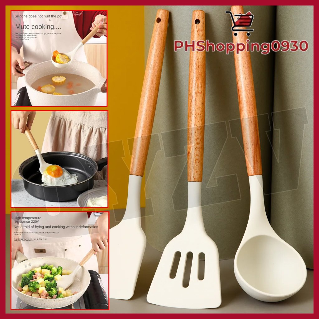 QYZV 3pcs Silicone Kitchen Utensils Set with Wooden Handle Spatula ...