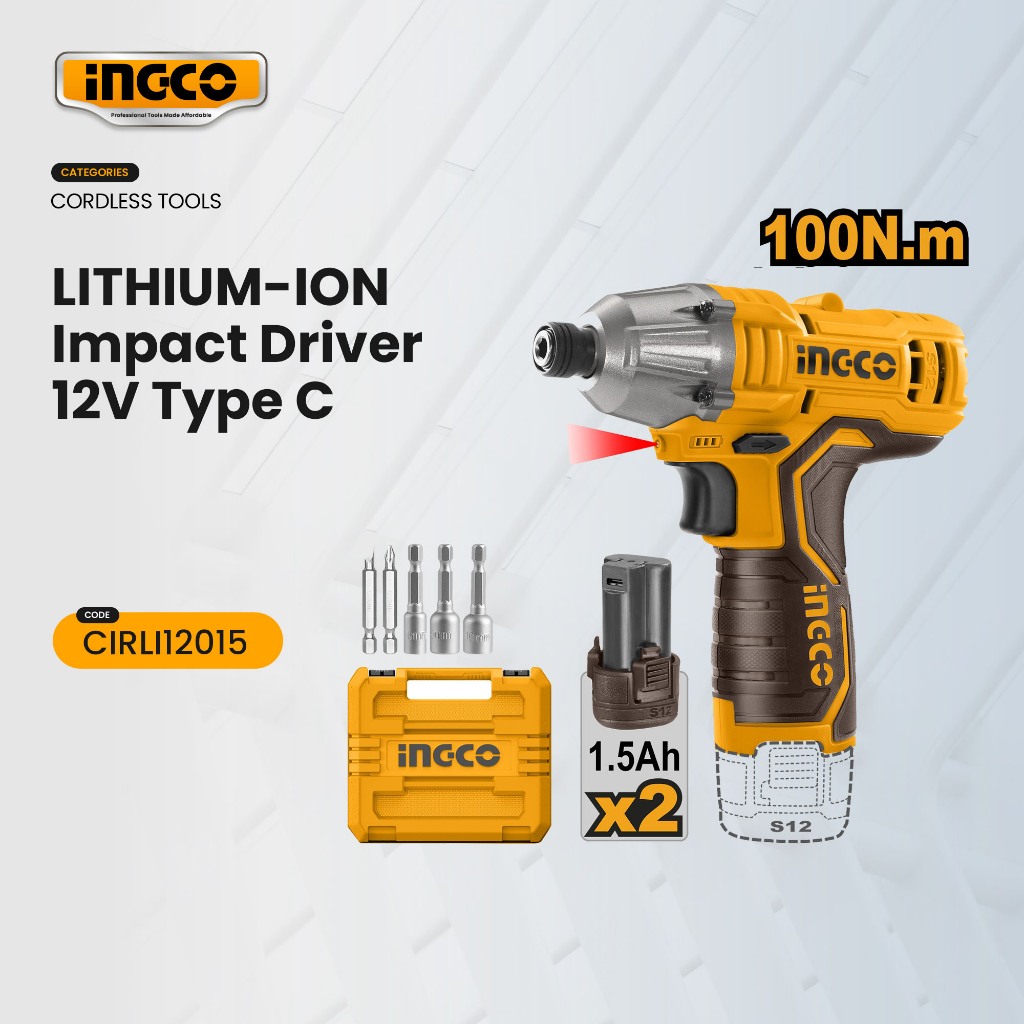 Ingco 12V LI-Ion Impact Driver USB Led Work Light 2x Battery with Bits ...