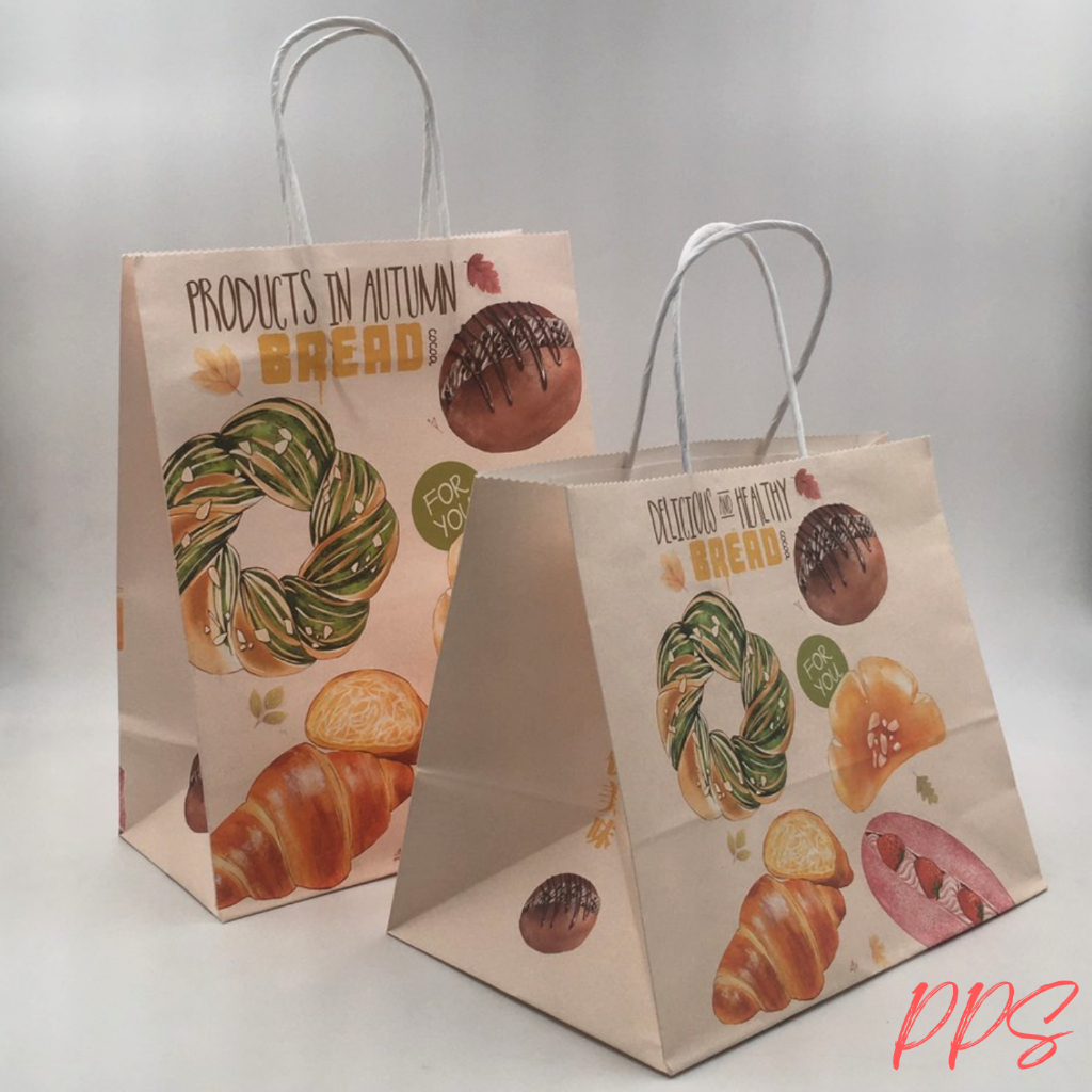 Breads Print Paper Bag with Handle Pastry Take Out Kraft Packaging ...