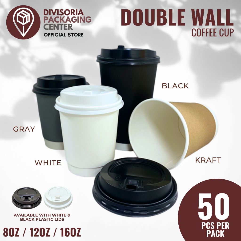 (50pcs) Double Wall Coffee Cup - 8oz / 12oz / 16oz - Black / Gray ...