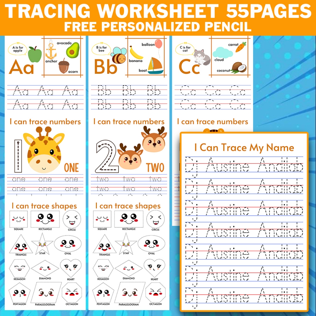 TRACING WORKSHEET Cursive, Name, Alphabet, Numbers, Shapes ...