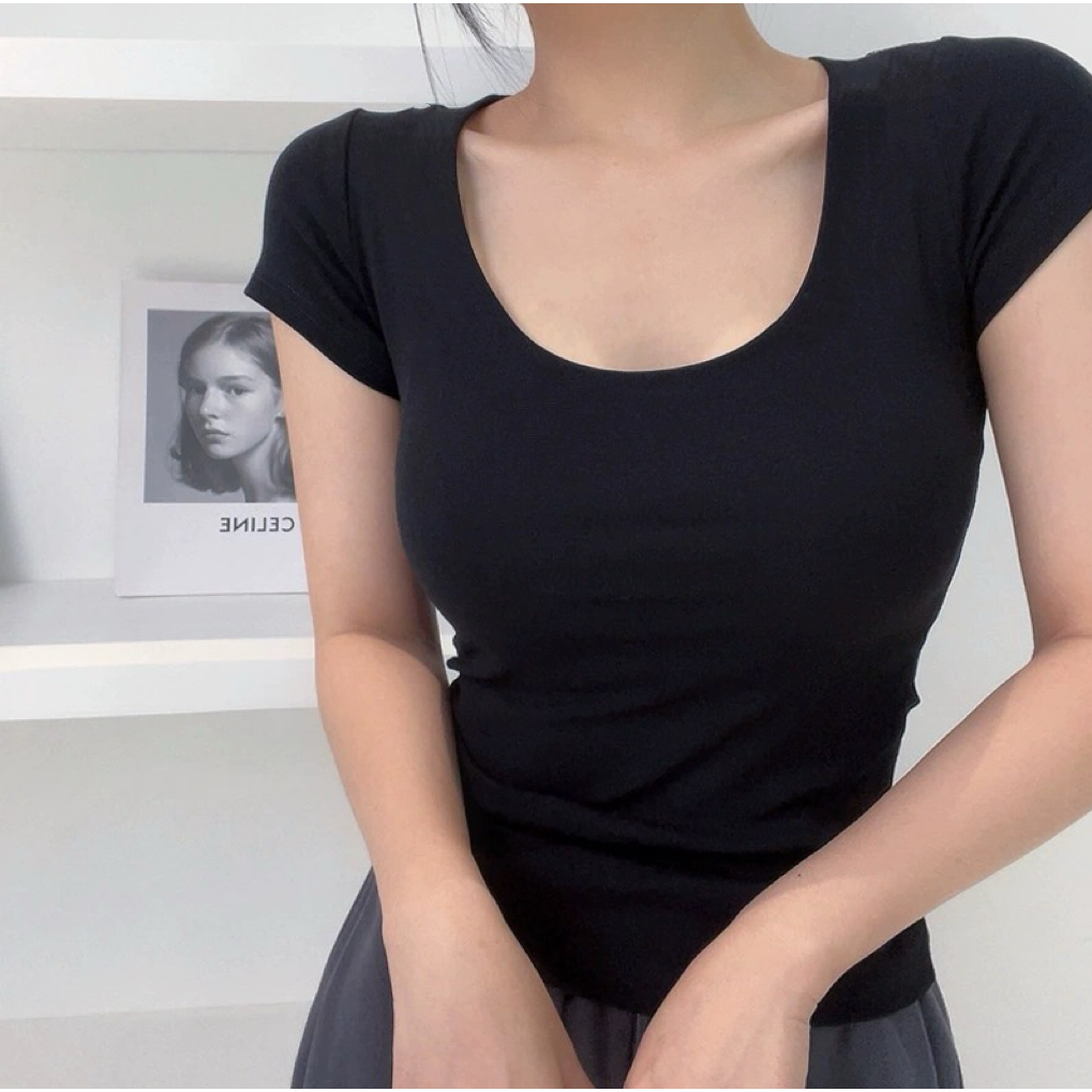 Angelcity U Neck Tops Double Lining For Women Short Sleeve Tee Korean ...