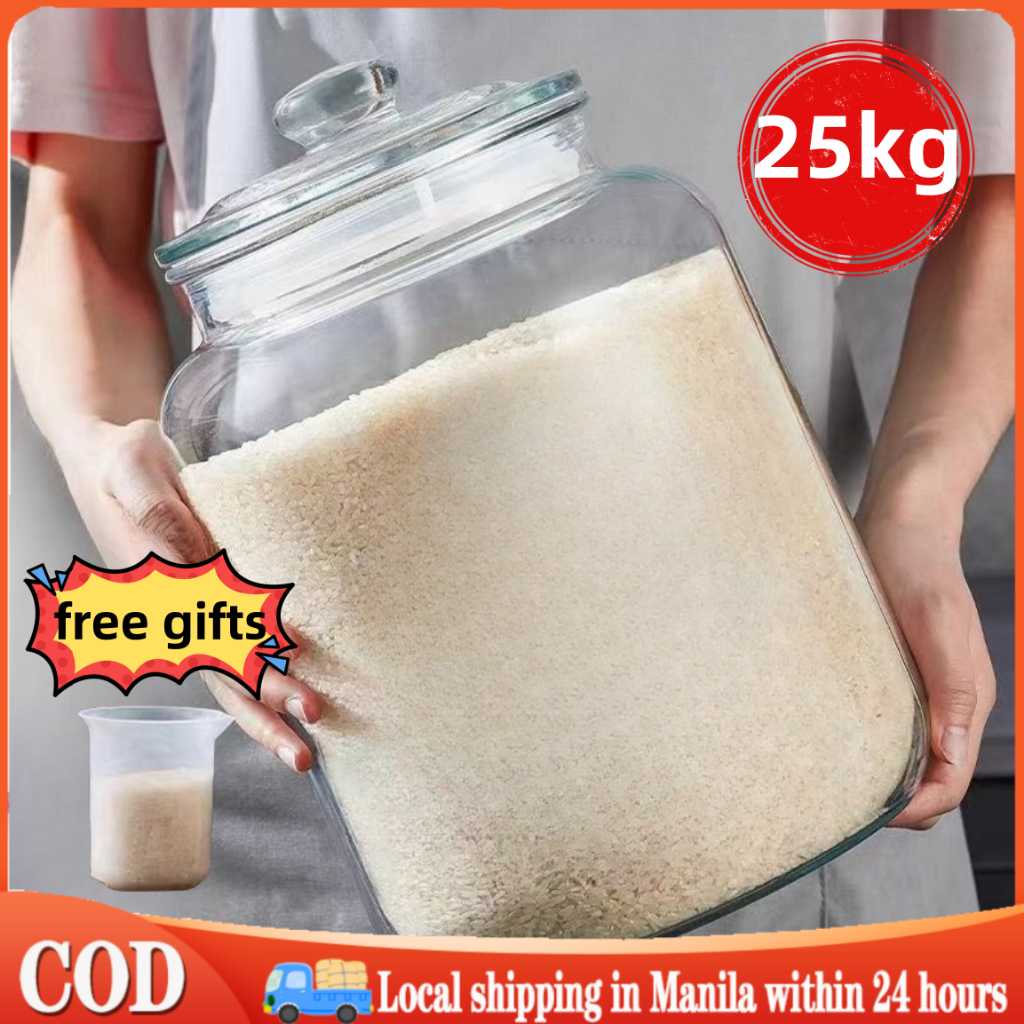 Glass rice storage container dispenser jar glass container for rice big ...