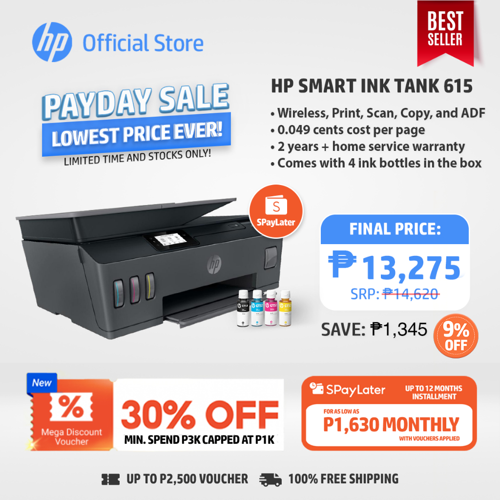 HP Smart Ink Tank (615/750) A4 Color Printer,3 in 1,Scanner,Xerox,ADF ...