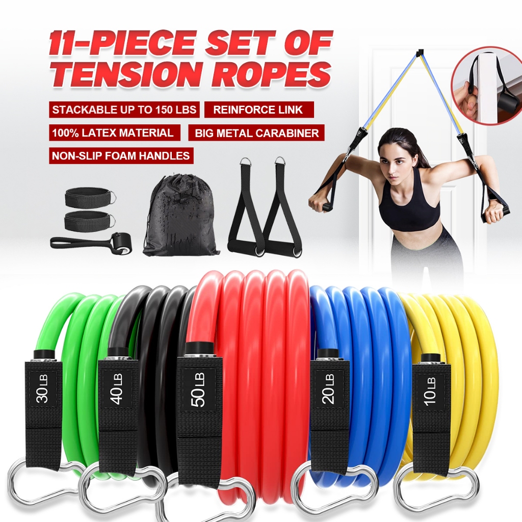 11-piece Resistance Band 100 Pounds Tension Rope Body Fitness Exercise ...