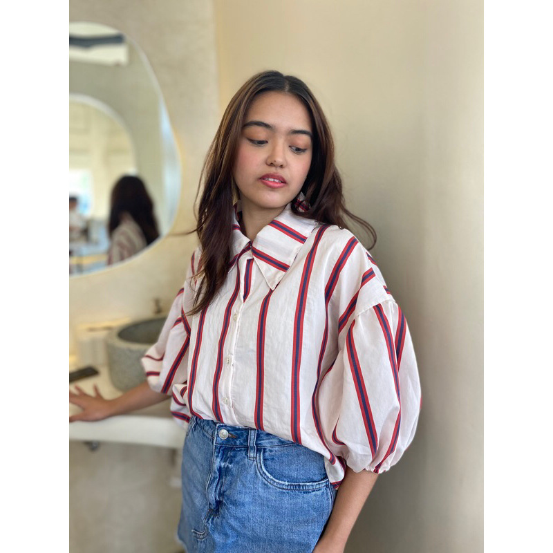 FIONA Stripes Puff Polo Cropped | Shopee Philippines