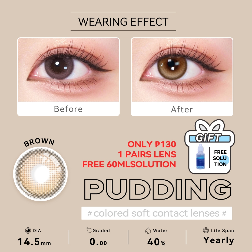 （Free solution）Midroo 1Pair Pudding Series Soft Eye Contact Lens Grade 0.00 with dia for Yearly ...